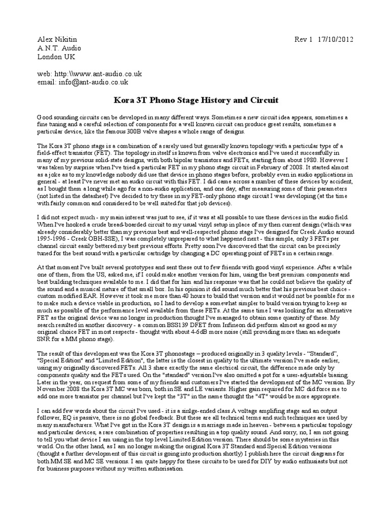 Kora3T Phono Stage Circuits | PDF | Transistor | Field Effect Transistor