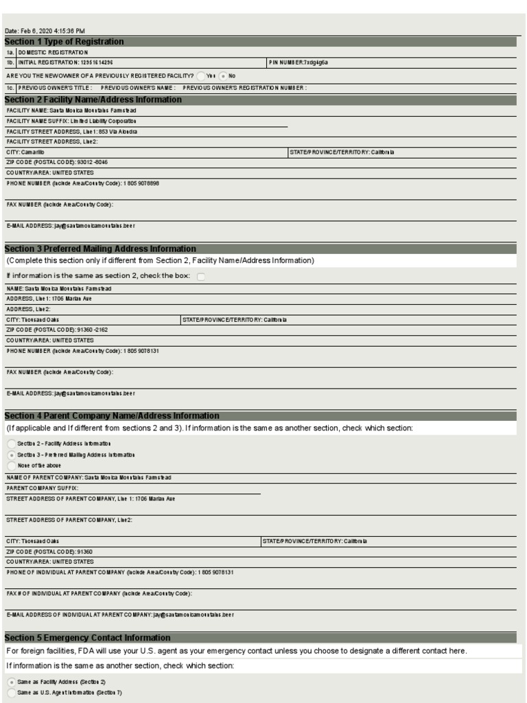 FDA Food Facility Registration Form | PDF | Foods | Vegetables