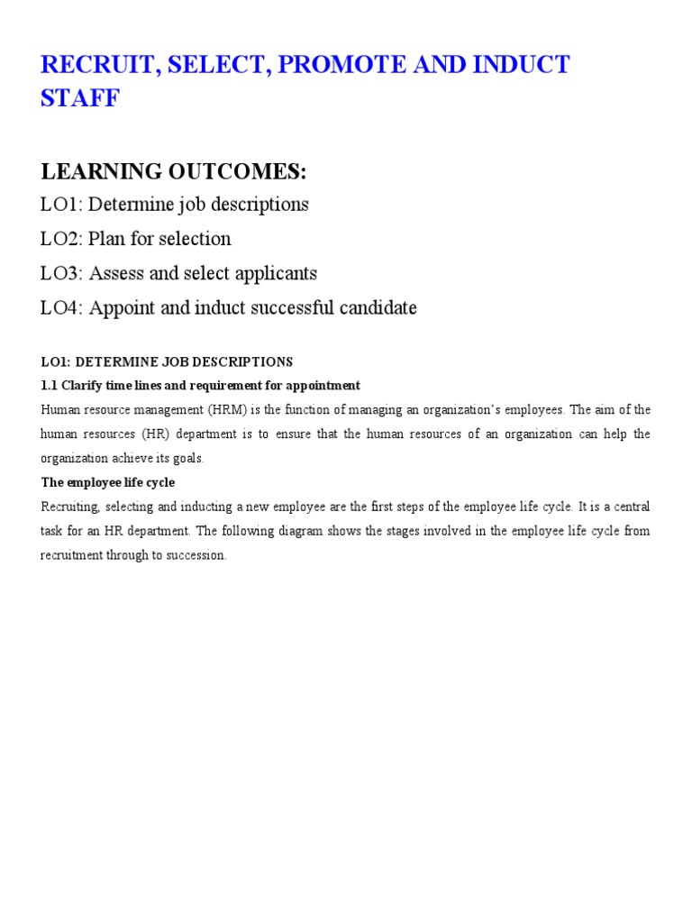 02 Recruit, Select, Promote and Induct Staff L 4 | PDF | Goal | Recruitment