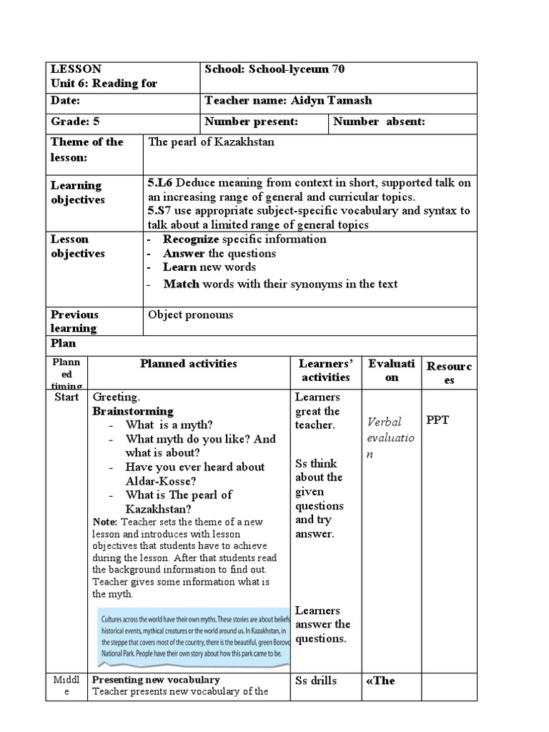 The Pearl of Kazakhstan. Term 3 Week 6. Tamash A.E. | PDF | Vocabulary ...