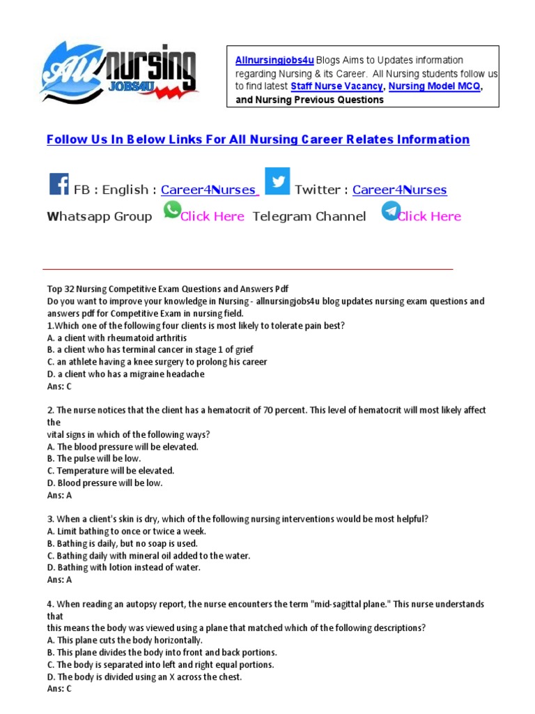 Nursing Exam Questions and Answers PDF | PDF | Health Sciences | Diseases And Disorders