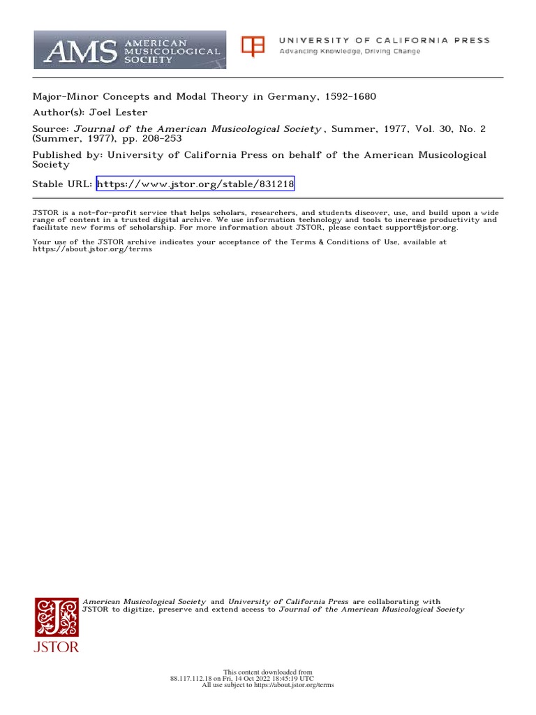 Major-Minor Concepts and Modal Theory in Germany, 1592-1680 Joel Lester ...