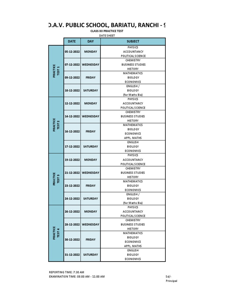 Xii - Practice Test Date Sheet | PDF | Science