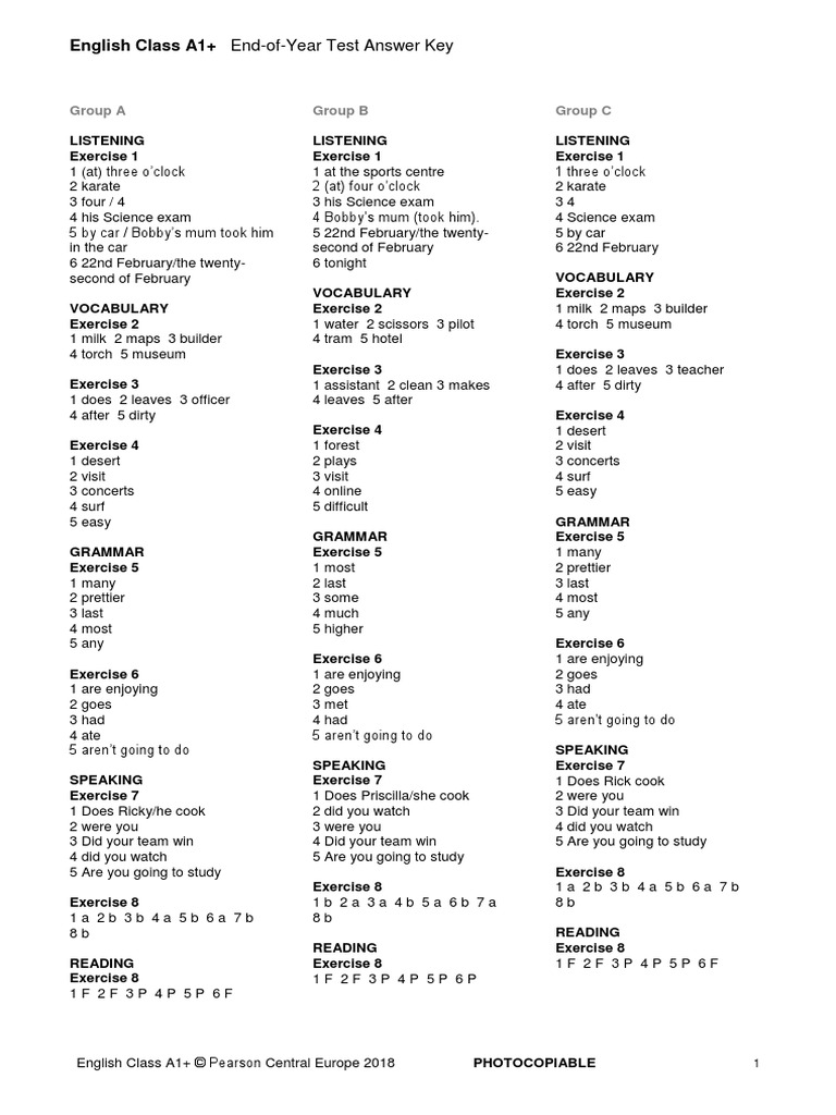 EC - A1P - Answer Key End-Of-Year Test | PDF