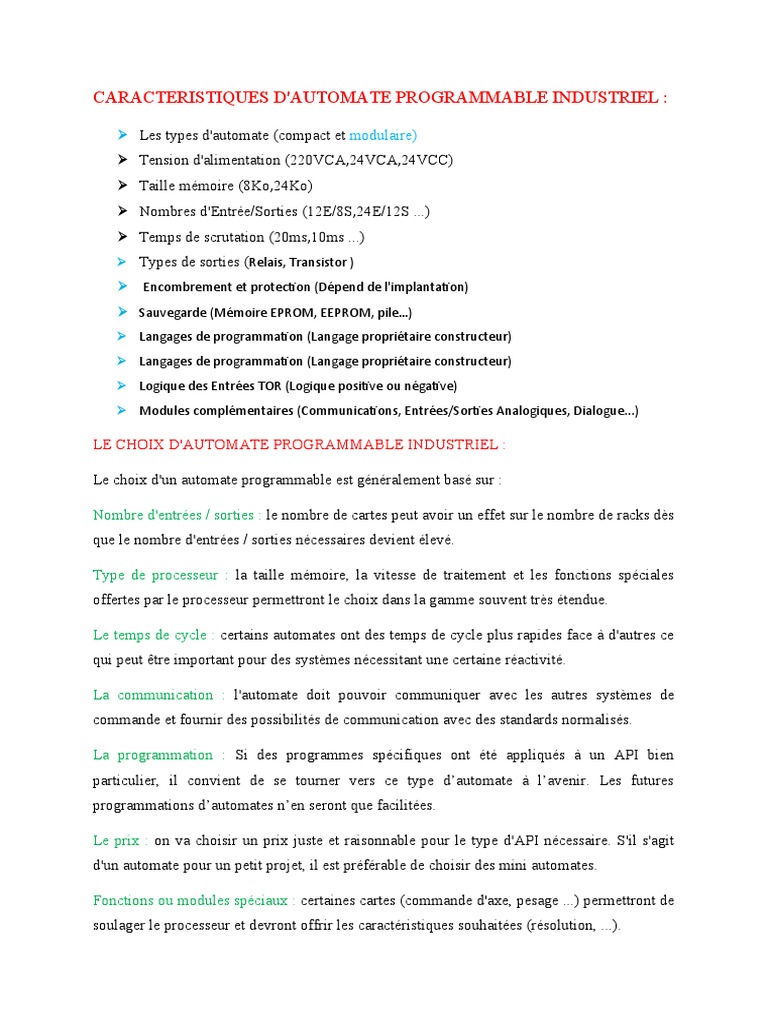 Caracteristiques D'Automate Programmable Industriel:: Modulaire) | PDF