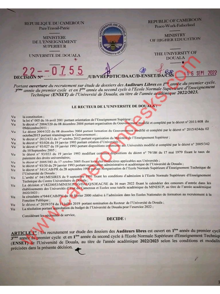 Concours ENSET de Douala Auditeurs Libres 2022 | PDF