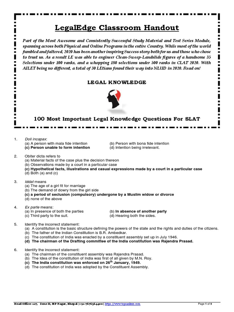 100 Most Important Legal Knowledge Questions For SLAT | PDF ...