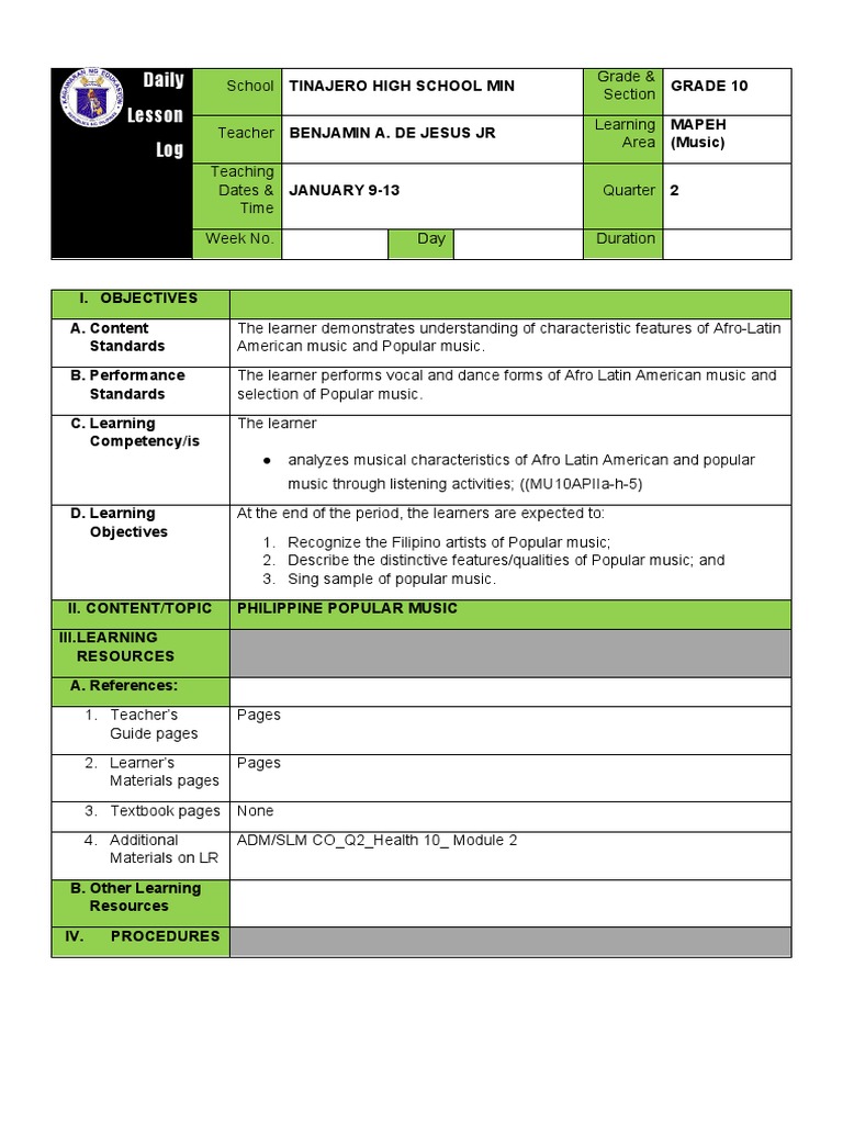 Philippine Popular Music for Grade 10 | PDF | Learning | Performing Arts