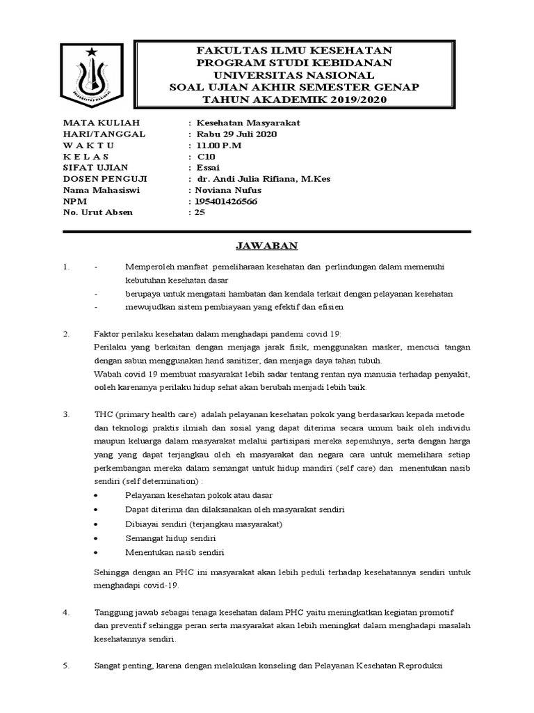 Jawaban Uas Kesmas Noviana Nufus 195401426566 | PDF