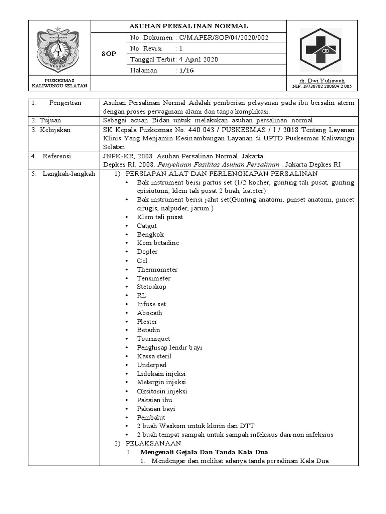 Sop Asuhan Persalinan Normal | PDF