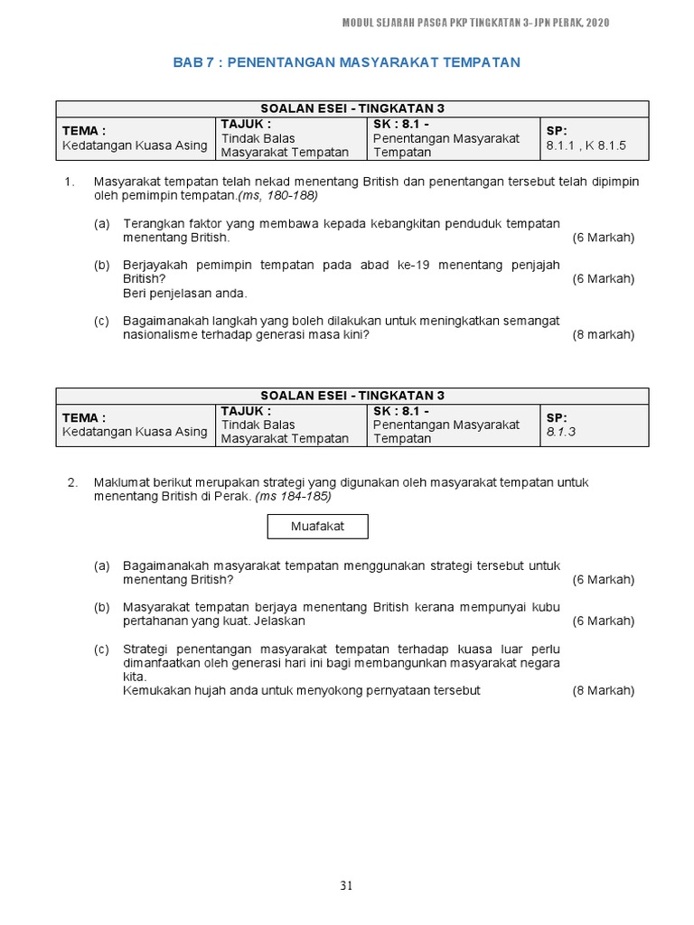 F3 Sejarah Soalan Esei Bab 7 | PDF