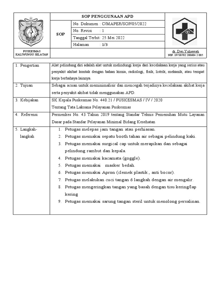 Sop Penggunaan Apd Di Maper | PDF