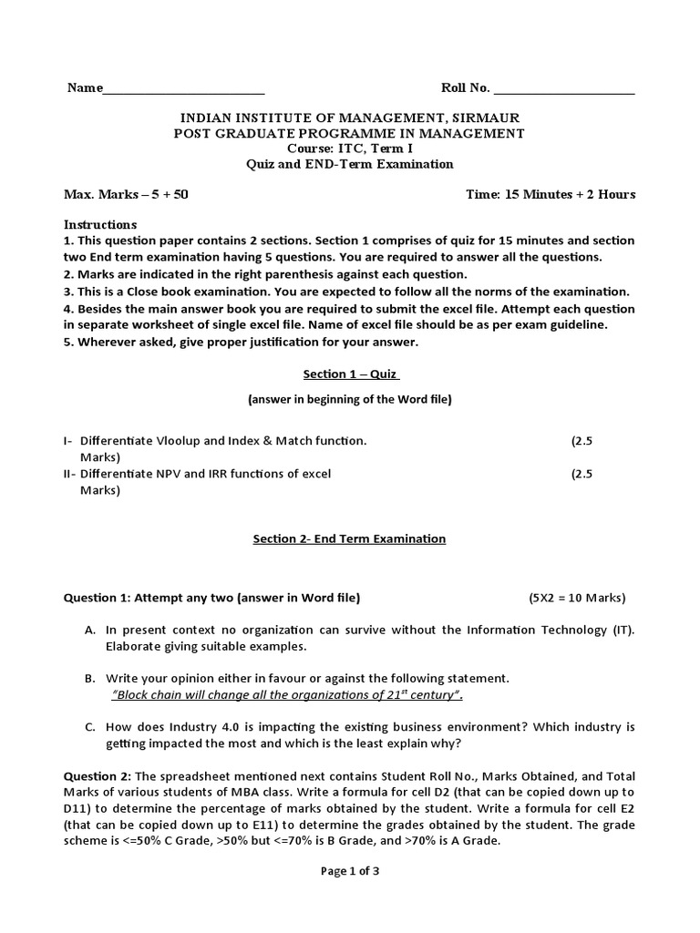 End Term Examination Itc | PDF | Spreadsheet | Question