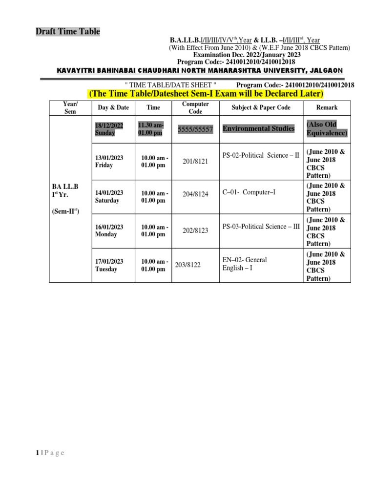 Drafttime Table Ba LLB I II III IV VTH Year LLB I II III Year Exam Dec.2022 | PDF | Ethical ...