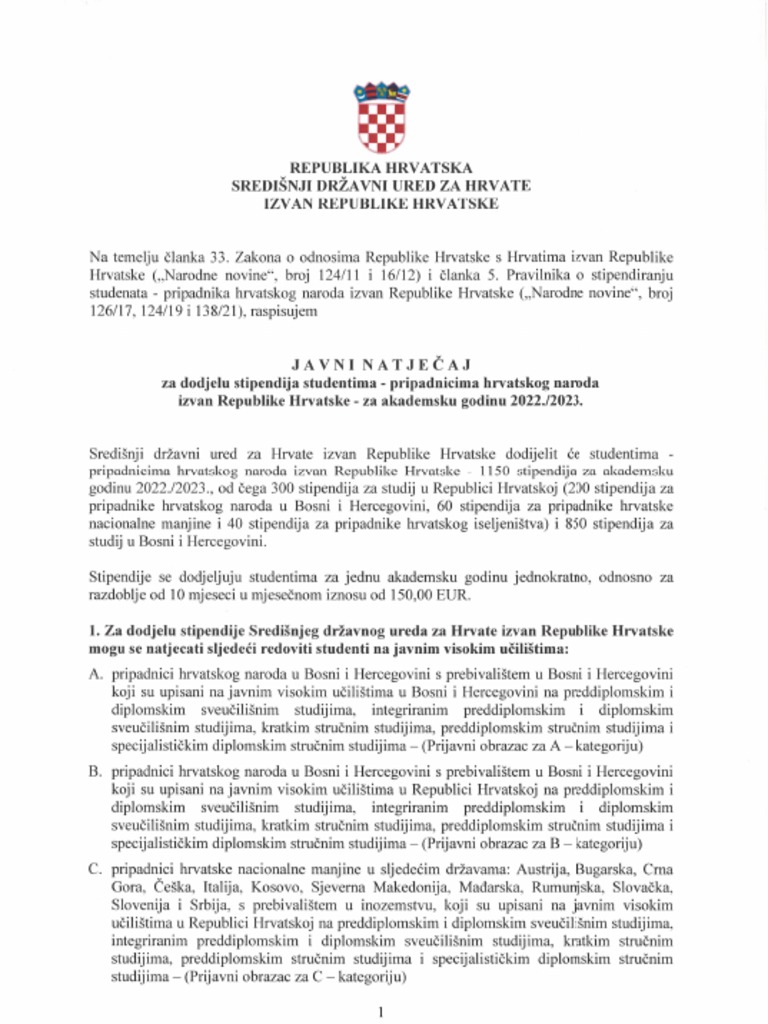 Javni Natječaj Za Dodjelu Stipendija Studentima - Pripadnicima Hrvatskog Naroda Izvan Republike ...