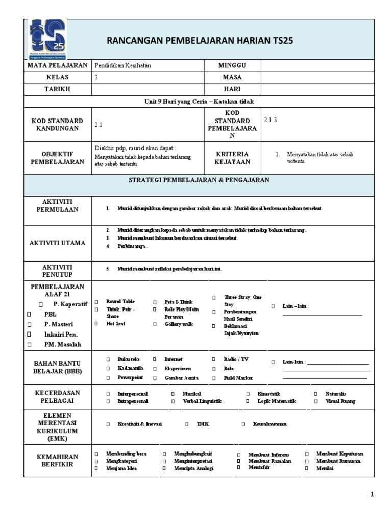 RPH PK Tahun 2 Unit 9 Hari Yang Ceria Katakan Tidak | PDF