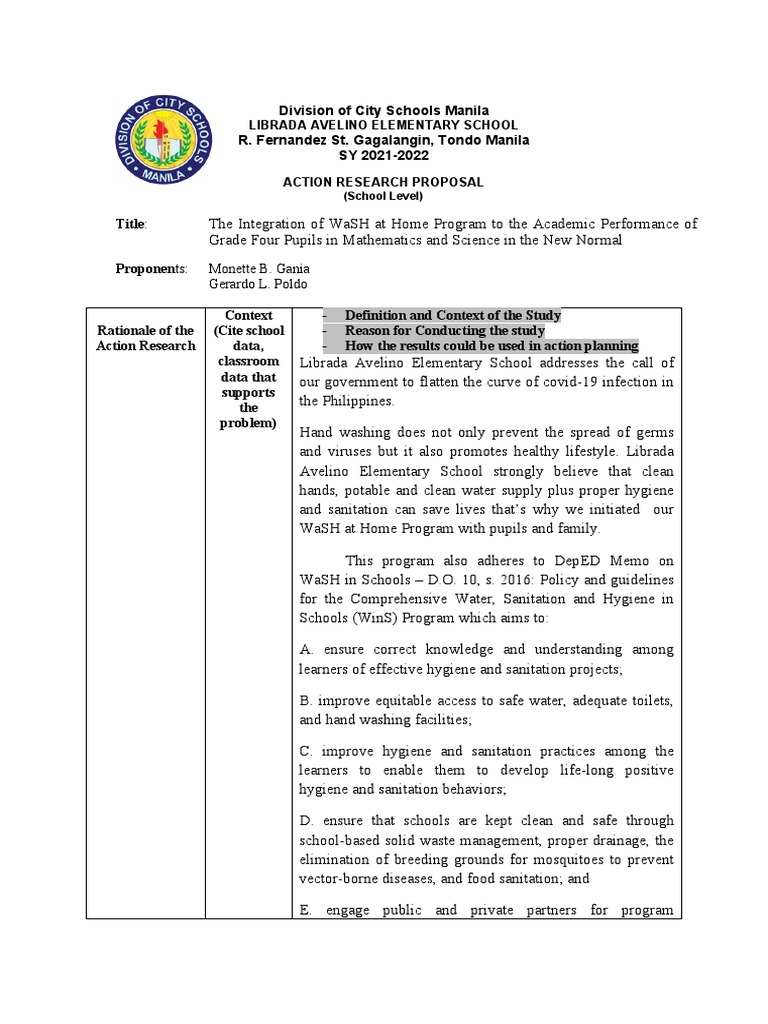 Ar Proposal School-Level | PDF | Wash | Hygiene