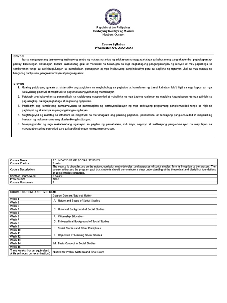Syllabus FOUNDATIONS OF SOCIAL STUDIES2021 2022 1 | PDF