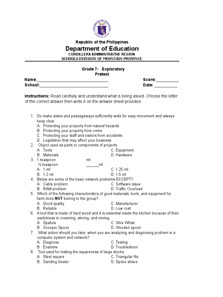Grade 7-Exploratory-Agri-Cookery-Carpentry-Css - Pretest | PDF ...