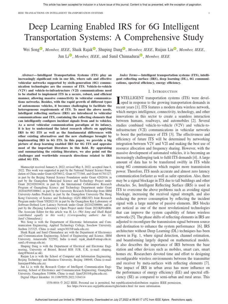 Deep Learning Enabled IRS For 6G Intelligent Transportation Systems A Comprehensive Study | PDF ...