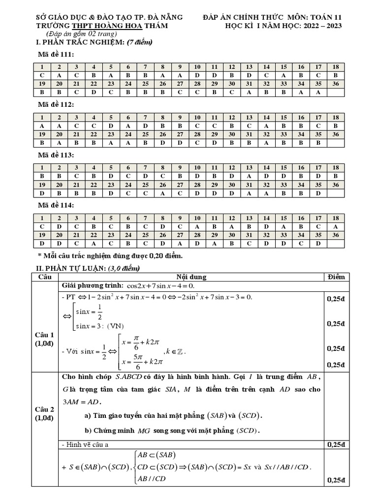 Đáp Án Toán 11 HK1 22 23 | PDF