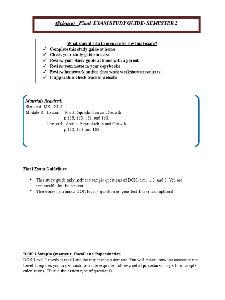 (Science) Final Exam Study Guide-Semester 2: Materials Required | PDF ...