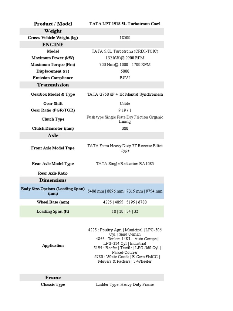 TATA Rigid Trucks Specifications | PDF | Manual Transmission | Clutch