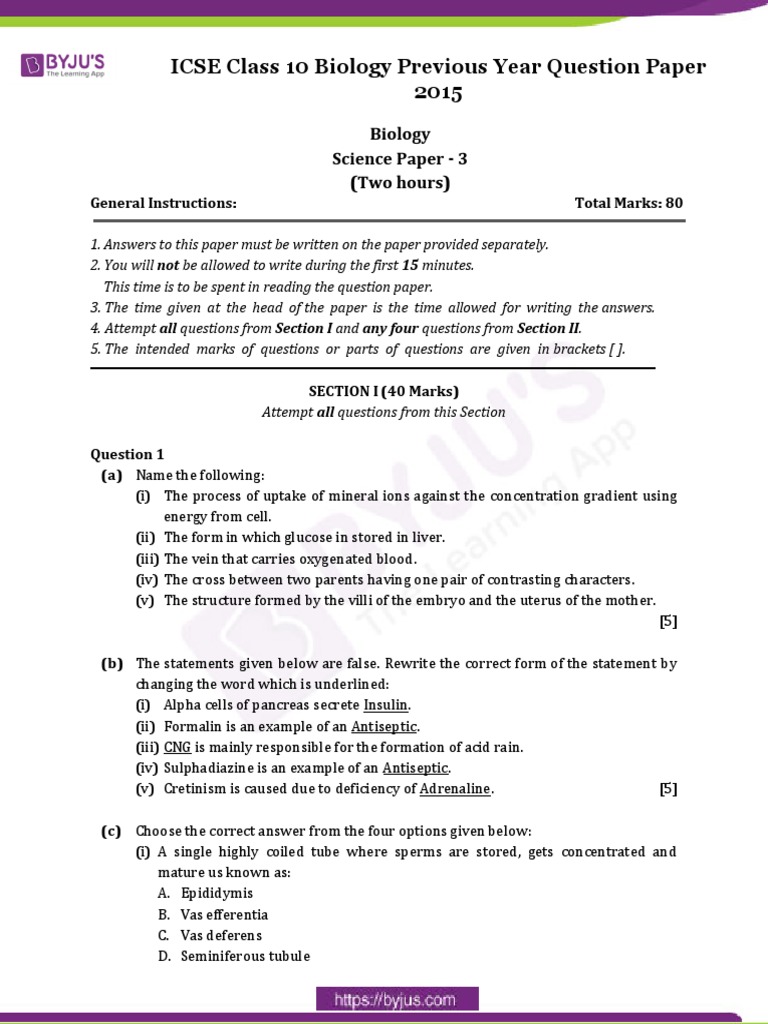 ICSE Class 10 Biology Previous Year Question Paper 2015 | PDF | Anatomy ...