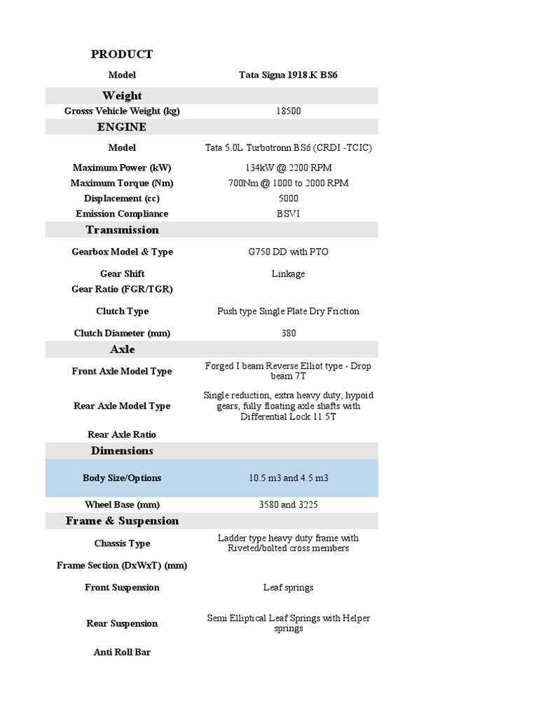 TATA TIPPER Trucks Specifications | PDF | Axle | Truck