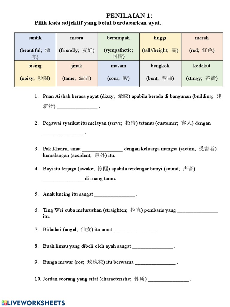 Latihan Kata Adjektif+Bhs Cina | PDF
