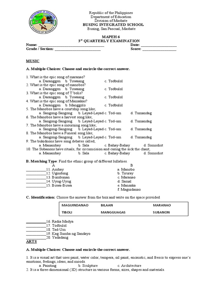 MAPEH 6 3rD Quarterly Examination | PDF | Paintings