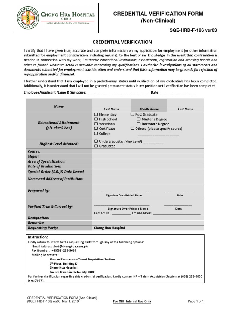 Credential Verification Form Non-Clinical (Without Signature Page ...