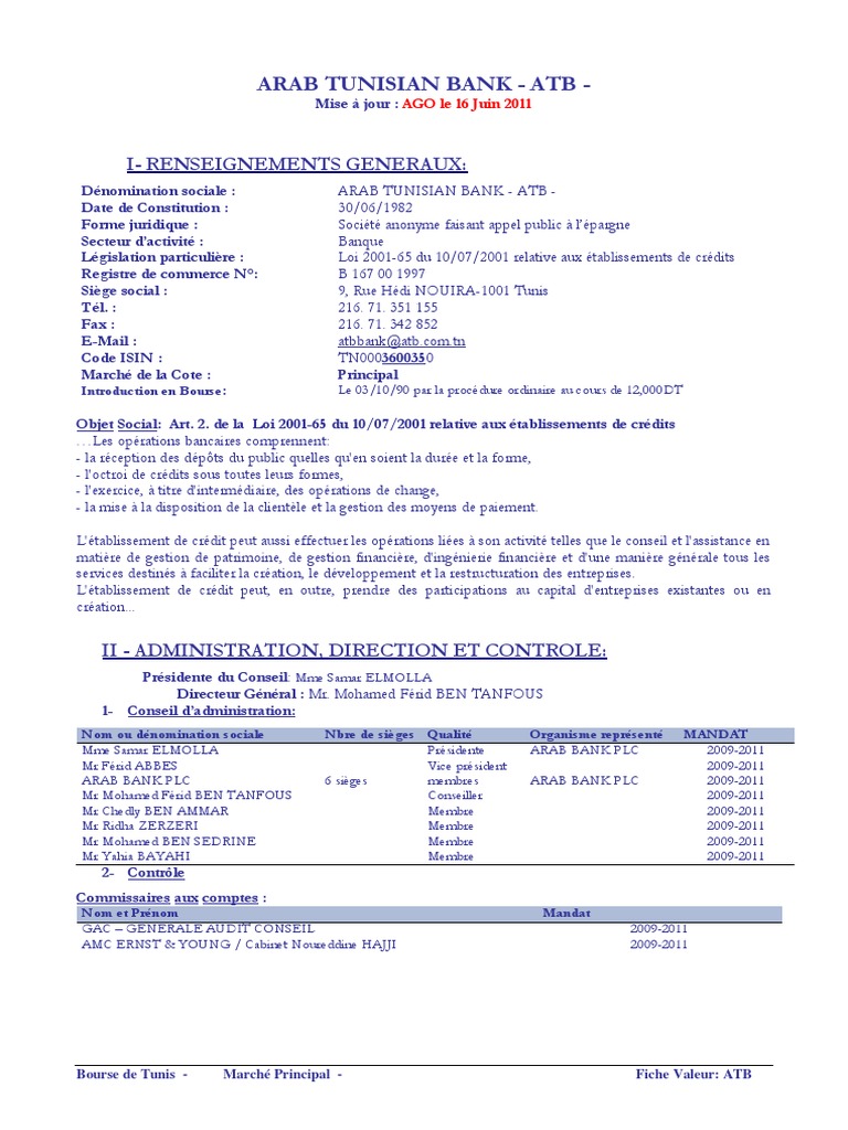 Fiche de l'Arab Tunisian Bank (ATB) | PDF | Banques | Crédit