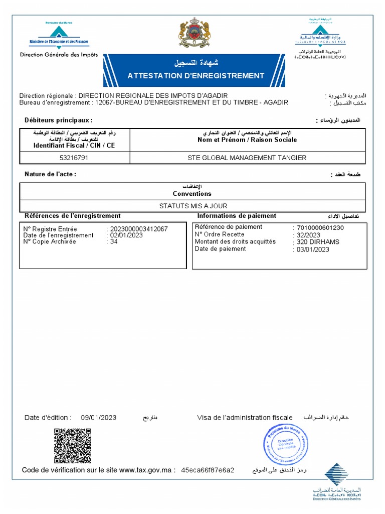 Attestation d'enregistrement fiscale Maroc | PDF