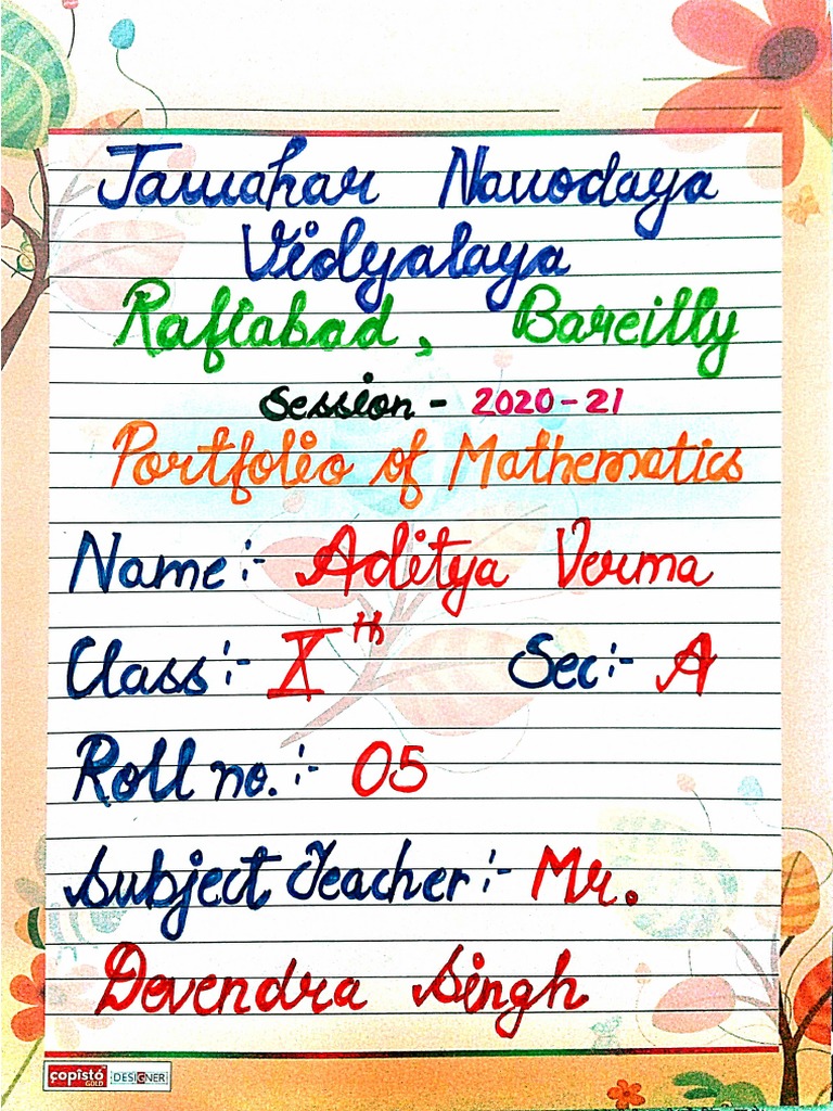 Aditya Verma Portfolio of Mathematics Class 10 A Roll No. 05 | PDF