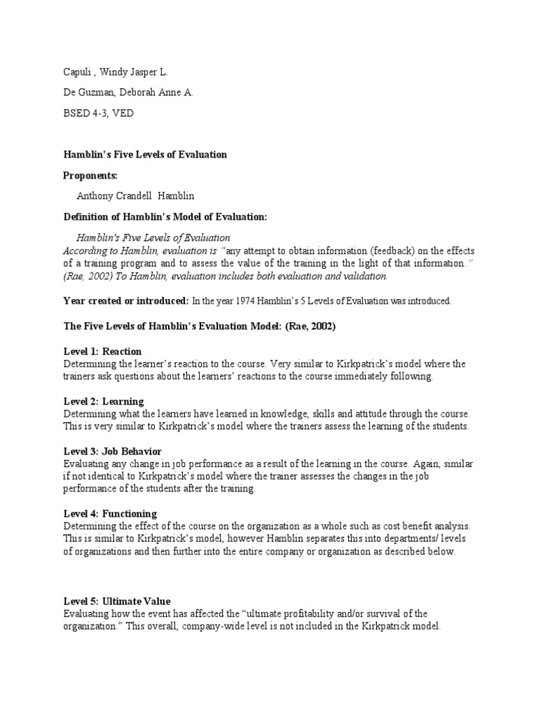 Hamblin's Five Levels of Evaluation Explained | PDF | Learning | Evaluation