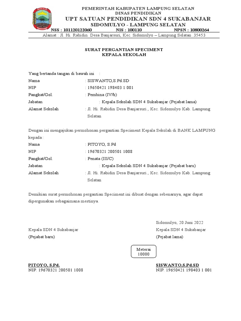 Surat Speciment | PDF