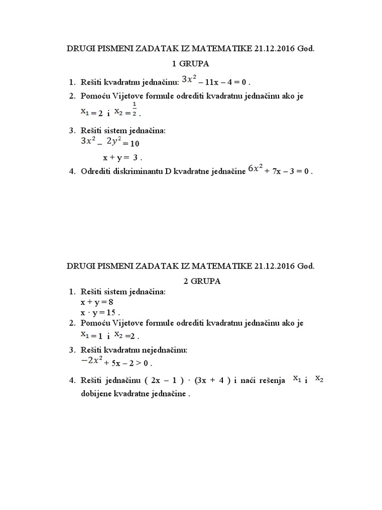 Drugi Pismeni Zadatak Iz Matematike | PDF