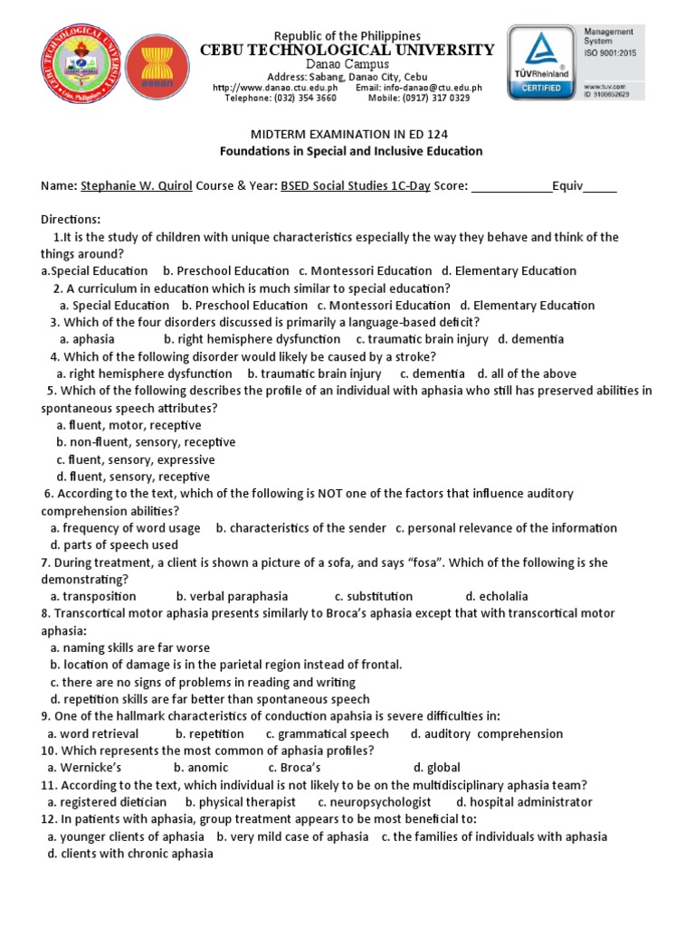 Midterm Exam: Special Education Foundations | PDF | Aphasia | Autism