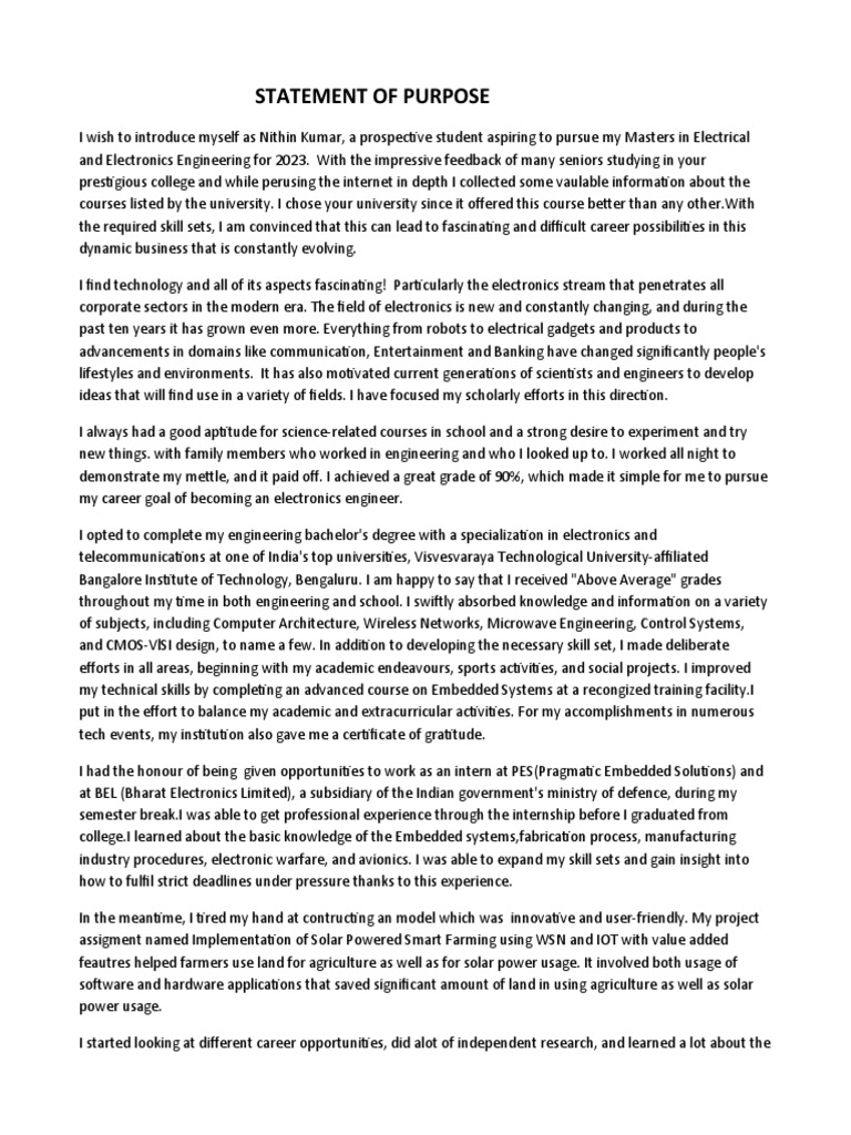 Statement of Purpose | PDF | Engineering | Electrical Engineering