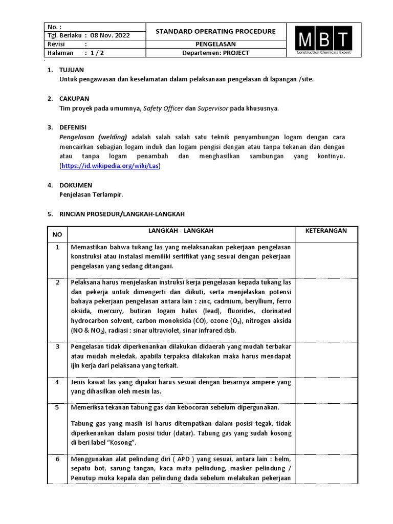 SOP Pengelasan | PDF