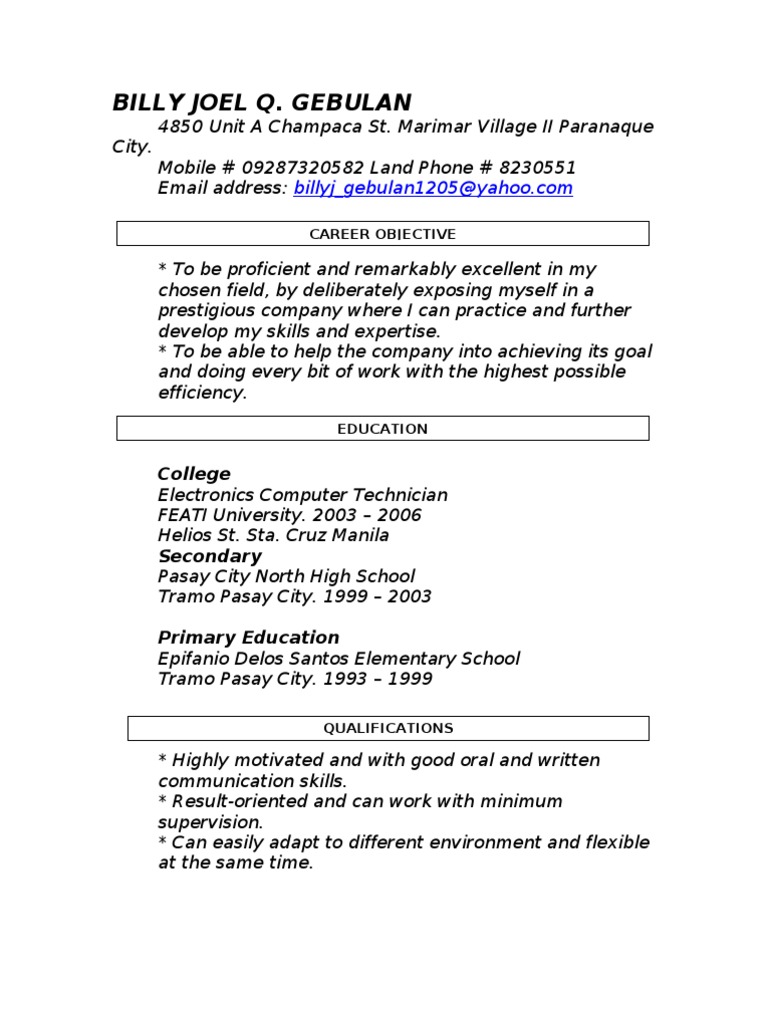 Billy Joel Gebulan - Resume Overview | PDF