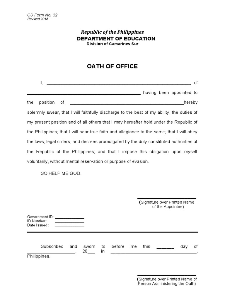 CS Form No 32 Rev2018-Oath of Office | PDF