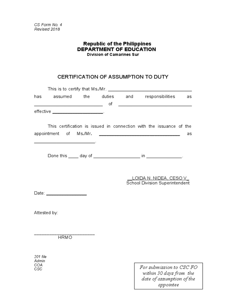 Certification of Assumption to Duty Form | PDF | Career & Growth