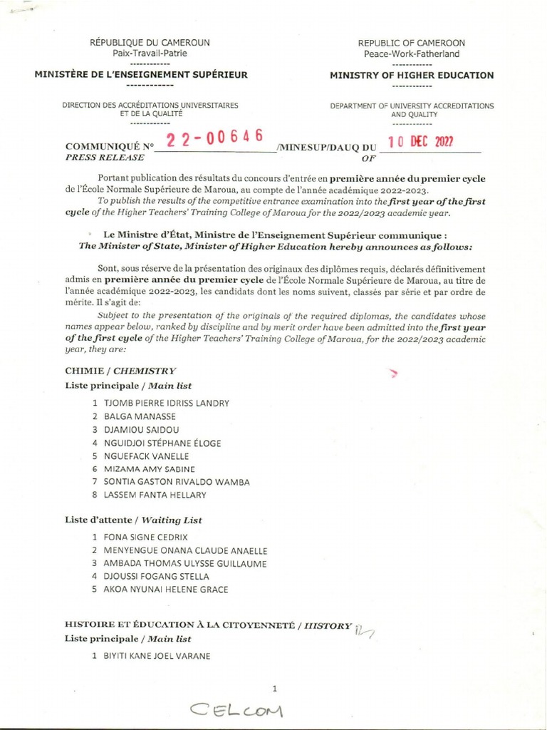 ENS Maroua 2022 - 1er Cycle | PDF