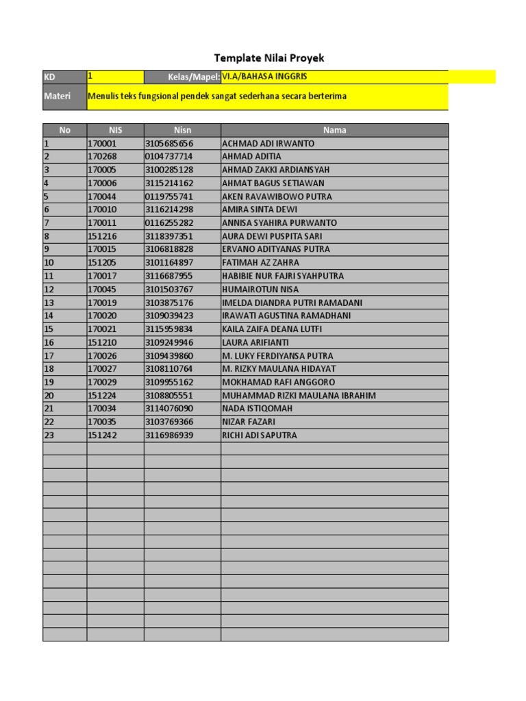 Template Nilai Proyek-VI.A-BAHASA INGGRIS | PDF