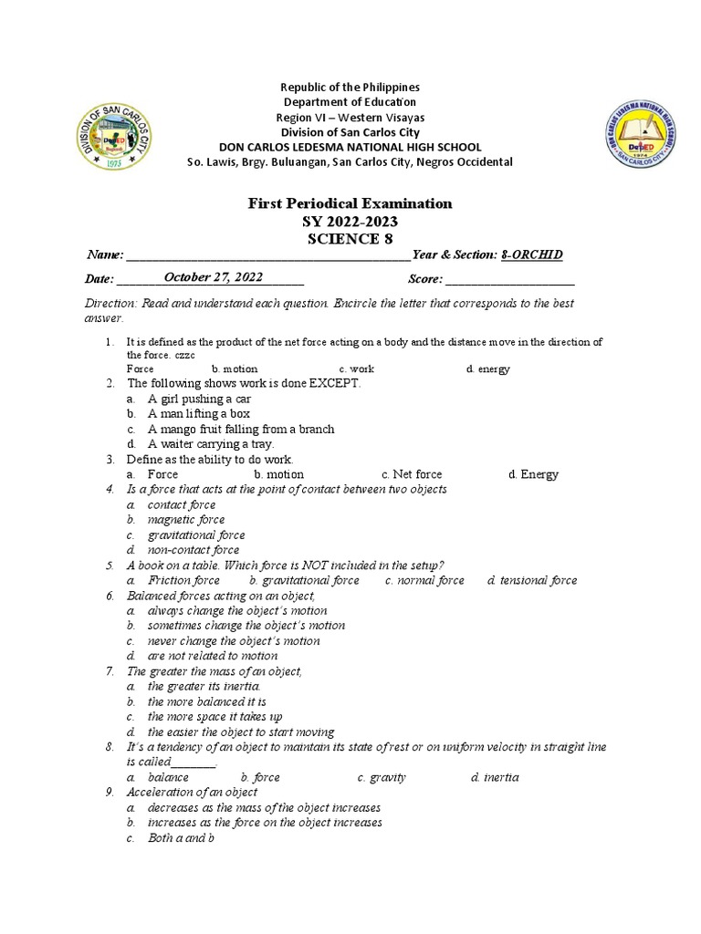 Science 8 Periodical Exam Guide | PDF | Force | Physics