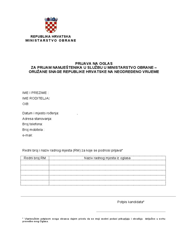 2022 11 10 Obrazac Prijave Na Oglas | PDF