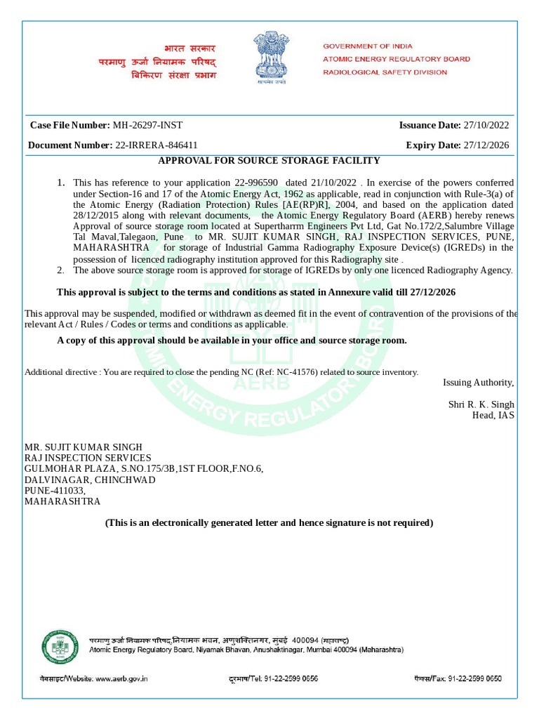 Approval Letter IR Storage Pit 1095949 | PDF | Radiography | Forms Of ...