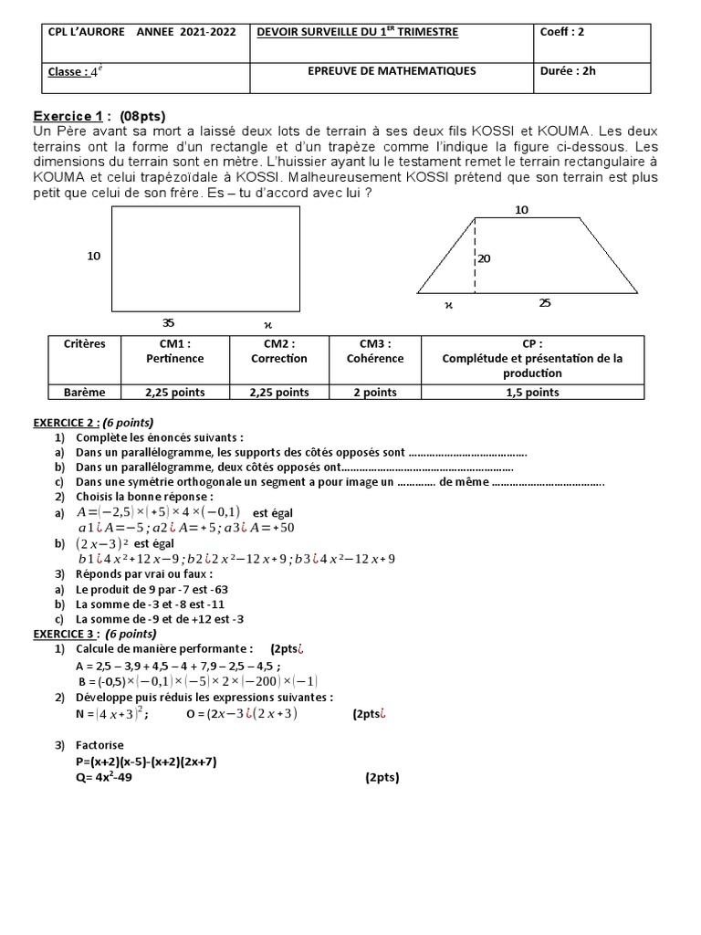 DEVOIR MATH 4e DST1 2021 | PDF